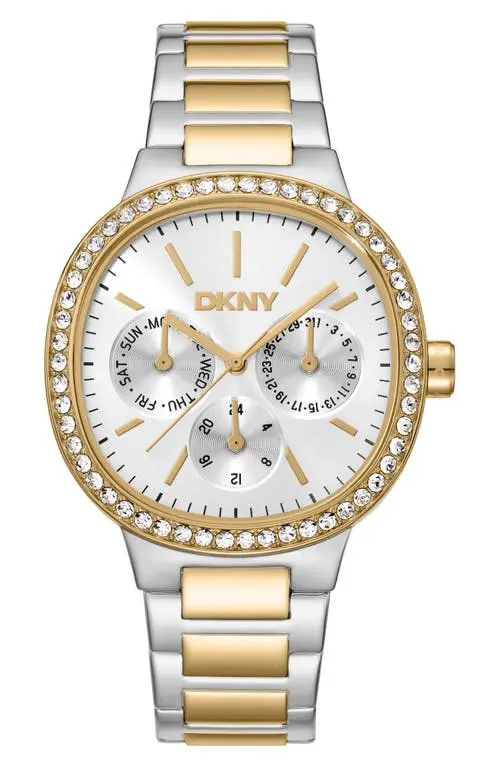 Dkny Crystal Bezel Multifunction Stainless Steel Bracelet Watch - Silver