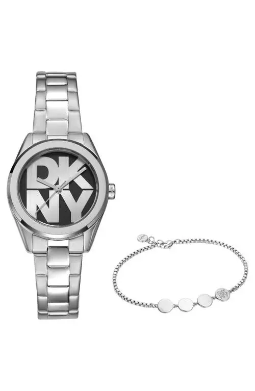 Dkny Two Tone Link Watch And Chain Bracelet Set - Black
