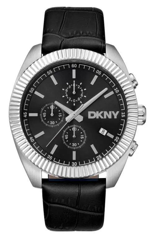 Dkny Chronograph Watch With Leather Strap - Black