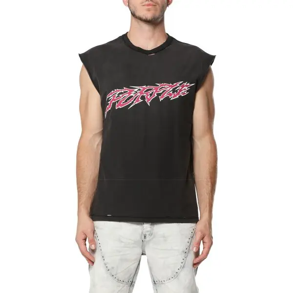 PURPLE BRAND Distressed Sleeveless Graphic T-shirt - Black