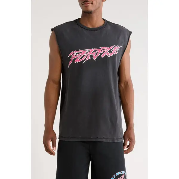 PURPLE BRAND Distressed Sleeveless Graphic T-shirt - Black