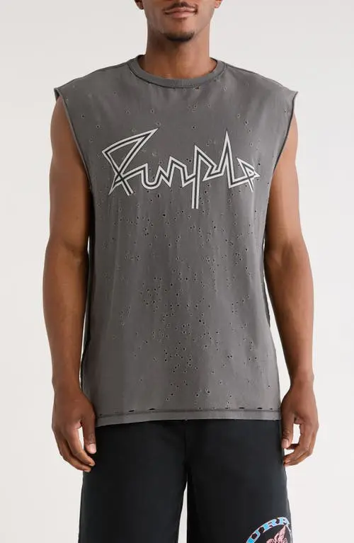 PURPLE BRAND Textured Sleeveless Cotton Graphic T-shirt - Grey