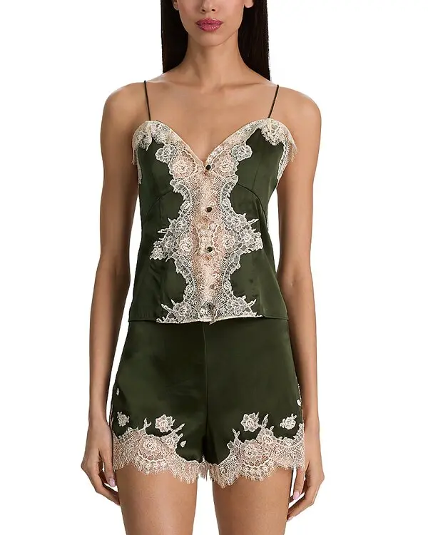 Alice + Olivia Julietta Button Front Cutaway Lace Slip Top - Dark Fern