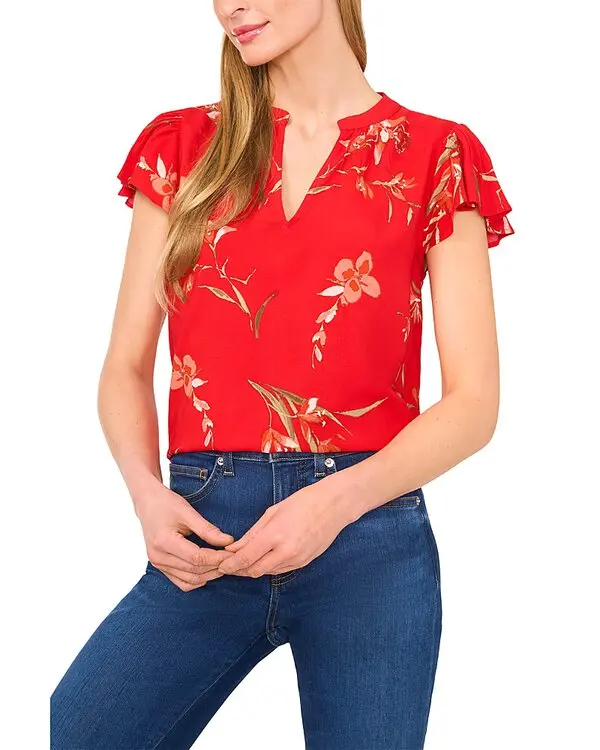 CECE DUPRAZ Split Neck Flutter Sleeve Top - Fiery Red