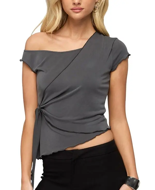 EDIKTED Asymmetric Off Shoulder Wrap Top - Dark-gray