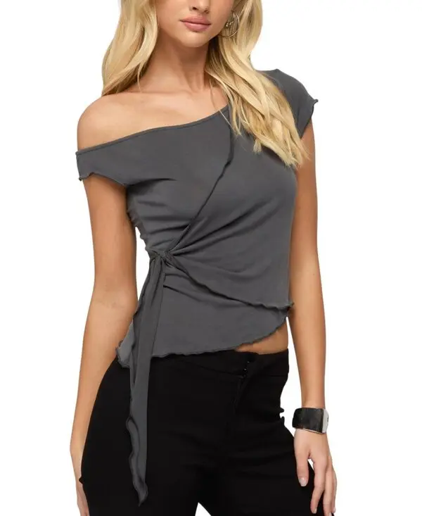 EDIKTED Asymmetric Off Shoulder Wrap Top