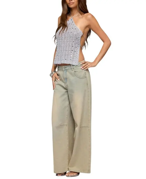 EDIKTED Thaly Backless Sequin Crochet Halter Top