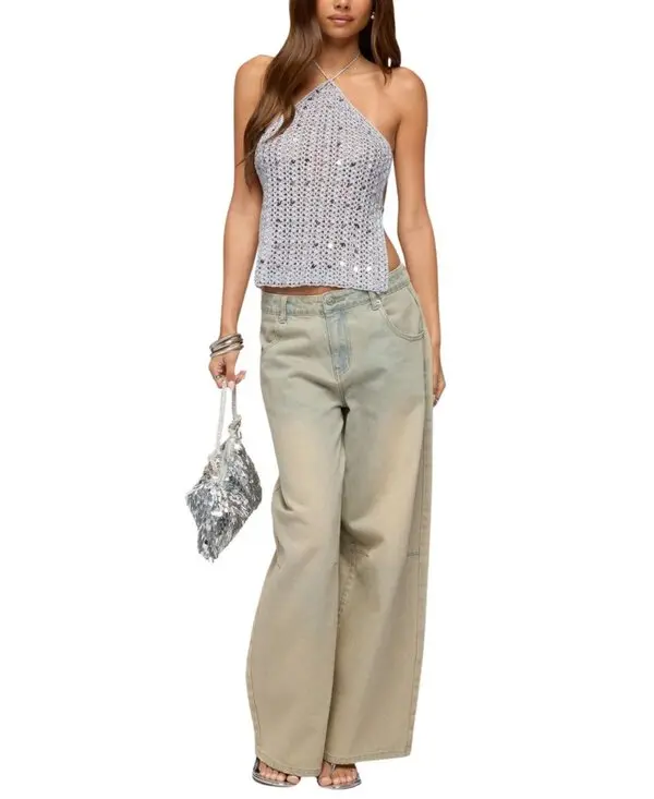 EDIKTED Thaly Backless Sequin Crochet Halter Top