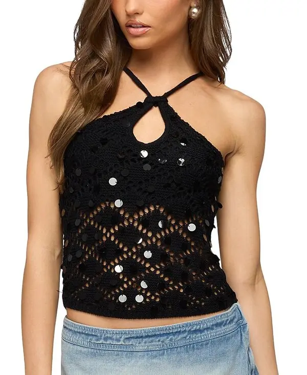 EDIKTED Mae Open Back Sequin Crochet Top