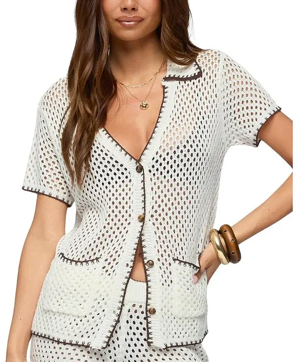 EDIKTED Rocca Contrast Button Up Crochet Top - Cream