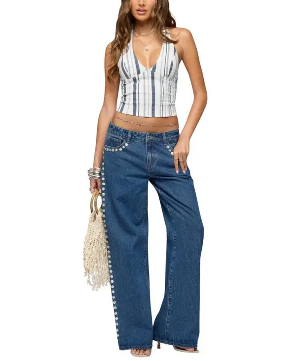 EDIKTED Sofey Striped Denim Halter Top