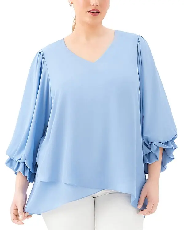 Karen Kane Plus Layered Sleeve Asymmetric Top - Chambray