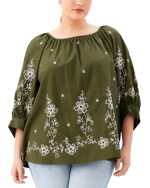 Karen Kane Plus Embroidered Blouson Sleeve Top - Olive