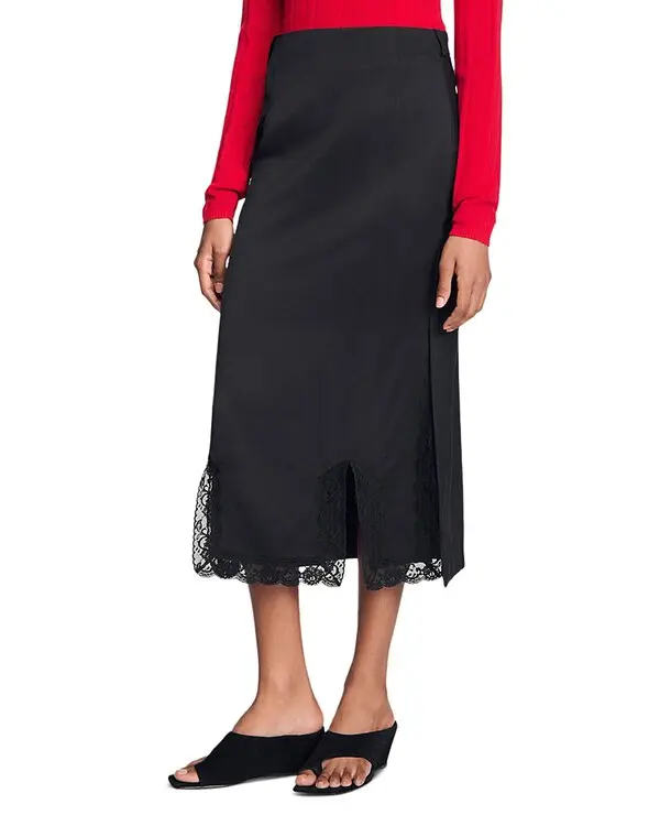 Sandro Long Mixed Material Lace Skirt