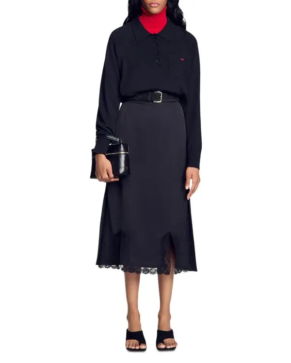 Sandro Long Mixed Material Lace Skirt
