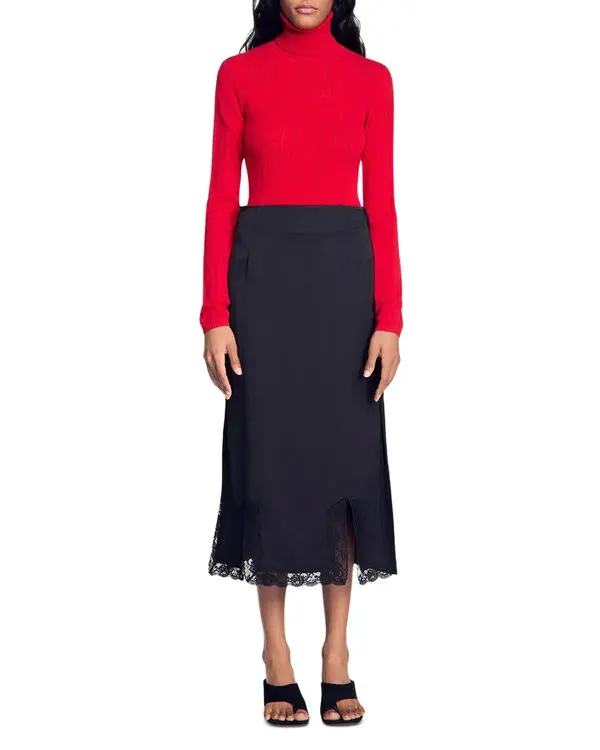 Sandro Long Mixed Material Lace Skirt