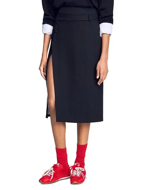 Sandro Mid Length Slit Wool Skirt - Black
