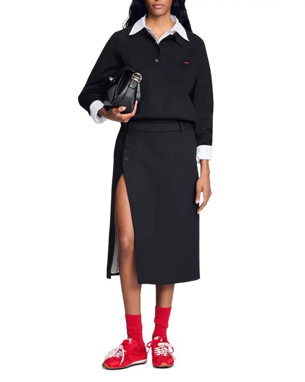 Sandro Mid Length Slit Wool Skirt