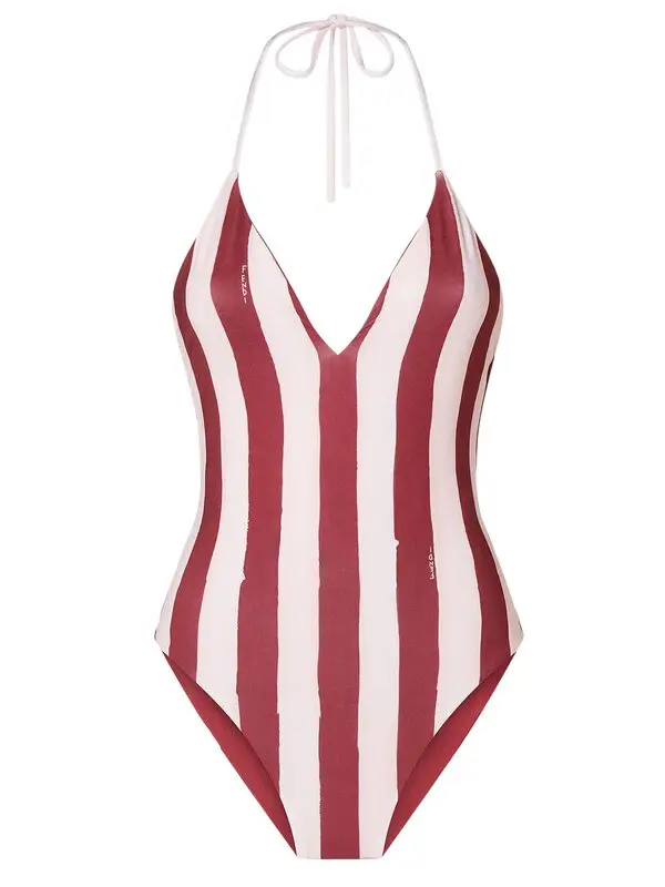 Fendi Striped Halterneck V-neck Swimsuit - Rosso