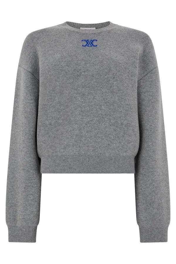 Celine Cropped Cashmere Blend Sweater With Logo Detail - Heather Grey