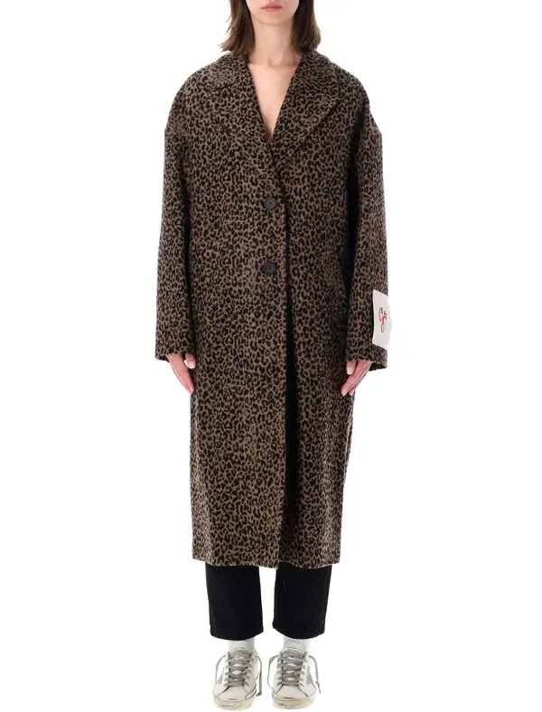 GOLDEN GOOSE Leopard Print Wool Blend Coat - Marrone