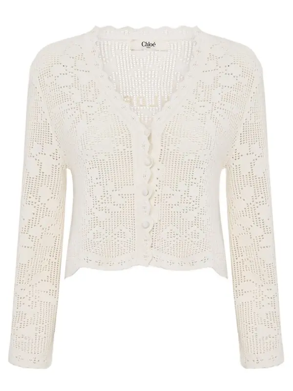 Chloé V-neck Cardigan With Scalloped Edge - Bianco