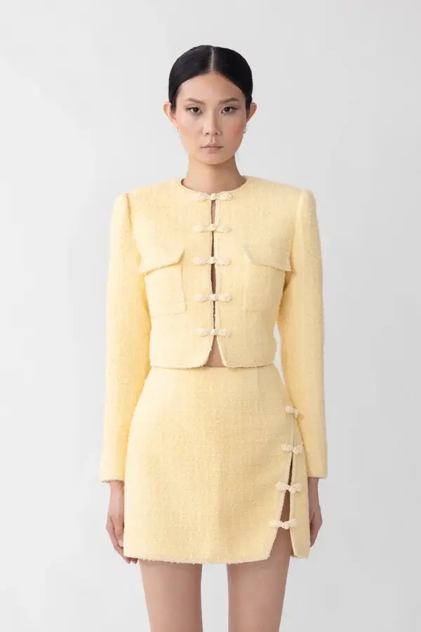 SAU LEE Abbie Tweed Jacket With Pipa Knots - Butter Yellow