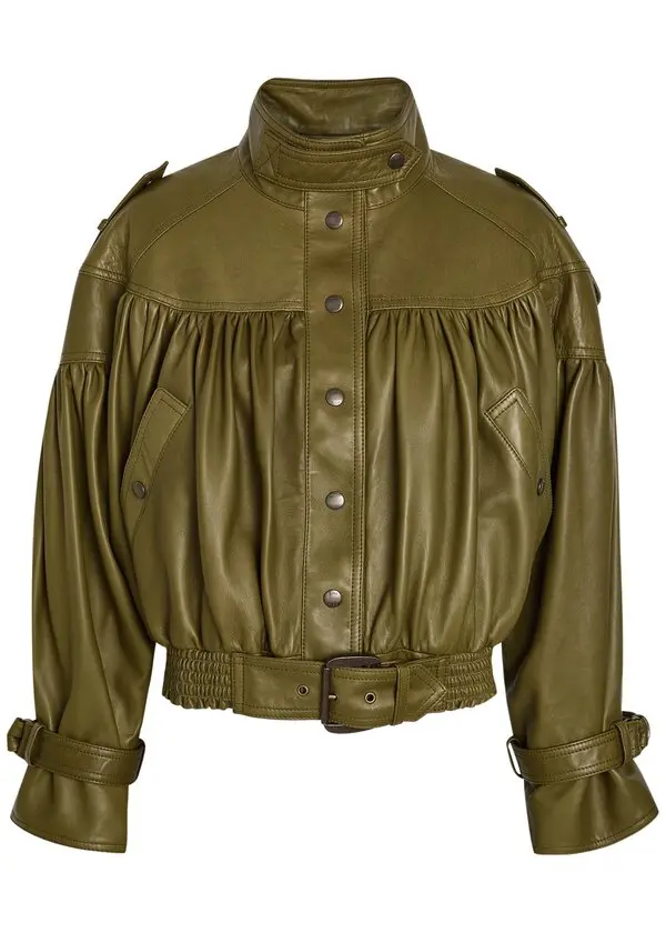 Chloé Cropped Leather Jacket With High Neck And Belted Hem - Khaki