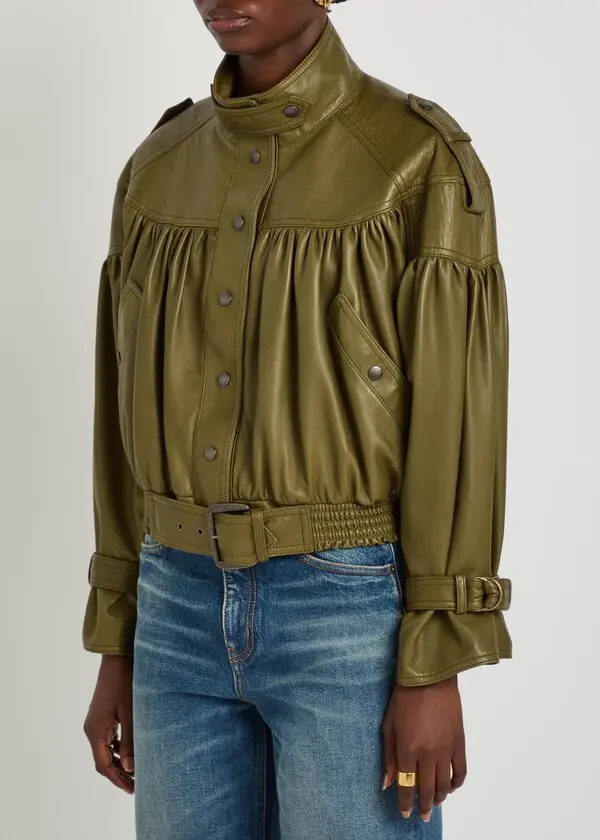 Chloé Cropped Leather Jacket With High Neck And Belted Hem - Khaki
