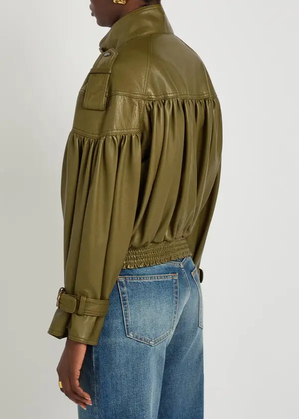 Chloé Cropped Leather Jacket With High Neck And Belted Hem - Khaki