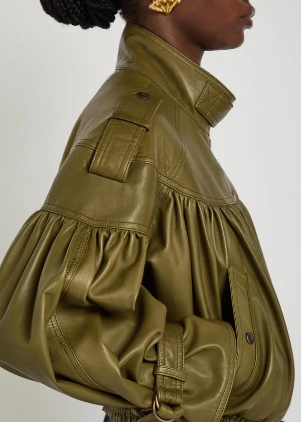 Chloé Cropped Leather Jacket With High Neck And Belted Hem - Khaki