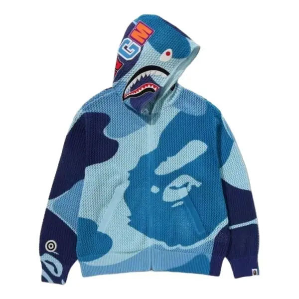 A BATHING APE Camo Crochet Shark Full Zip Hoodie - Blue