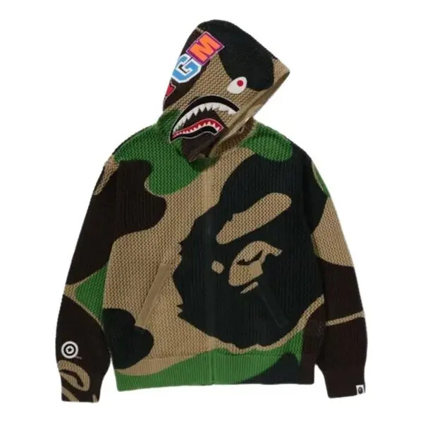 A BATHING APE Camo Crochet Shark Relaxed Fit Full Zip Hoodie - Green