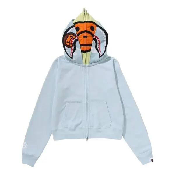 A BATHING APE Milo Shark Cropped Full Zip Double Hoodie - Sax