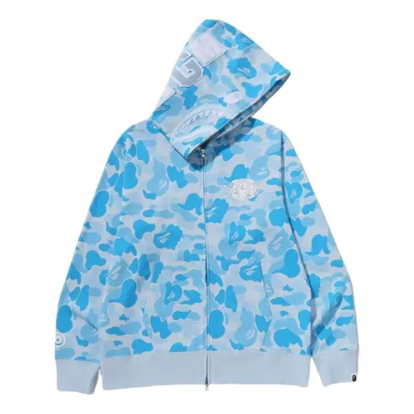 A BATHING APE Full Zip Hoodie With Camouflage Print And Shark Detail - Sax
