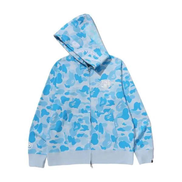 A BATHING APE Full Zip Hoodie With Camouflage Print And Shark Detail - Sax