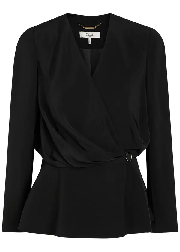 Chloé Draped Woven Wrap Blouse - Black
