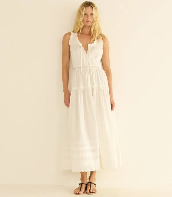 DÔEN Hortense Dress Organic Cotton Maxi Dress With Embroidered Detail - Salt
