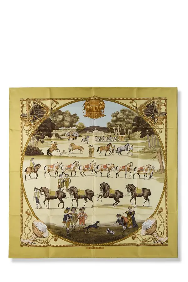 Hermès Multicolor 'présentation De Chevaux' Silk Scarf 90 - Yellow