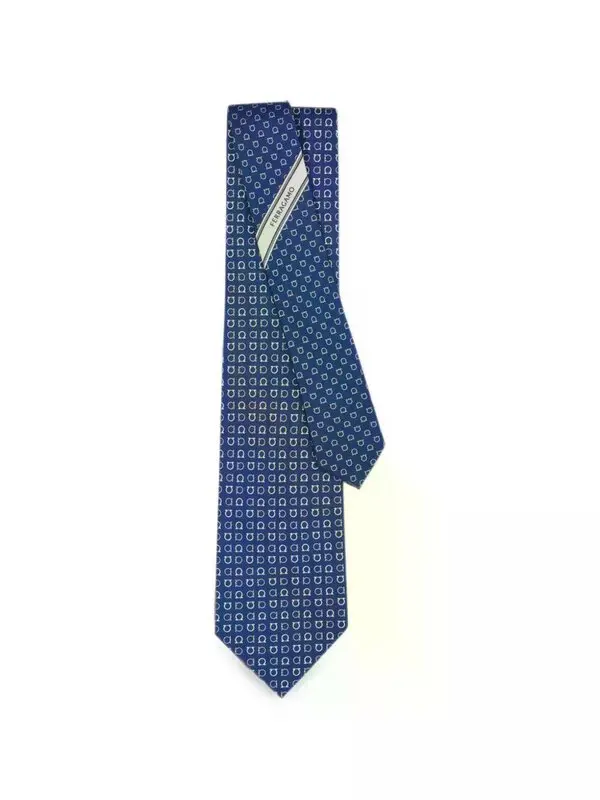 FERRAGAMO Gancini Print Silk Tie - Blue