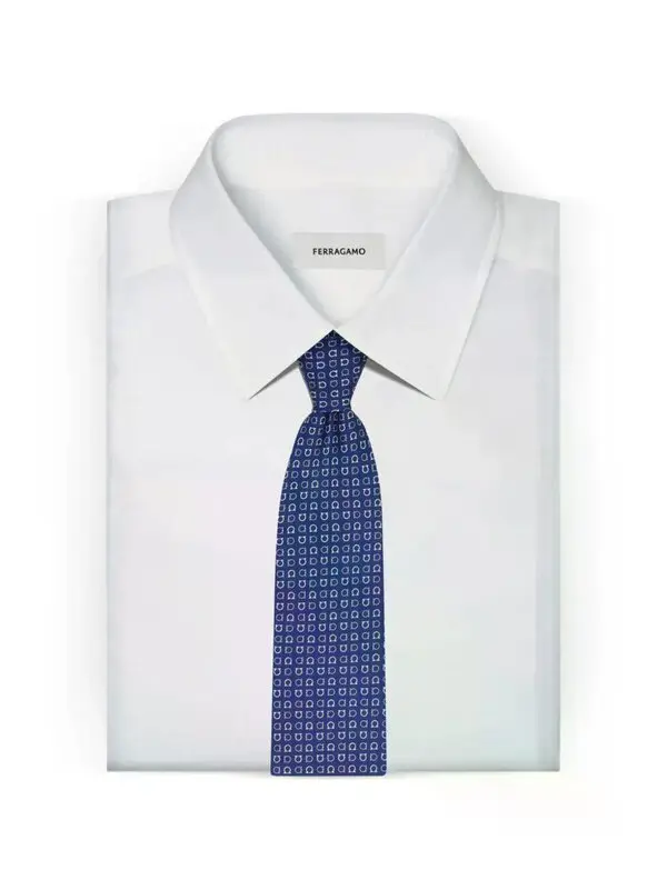 FERRAGAMO Gancini Print Silk Neck Tie - Blue