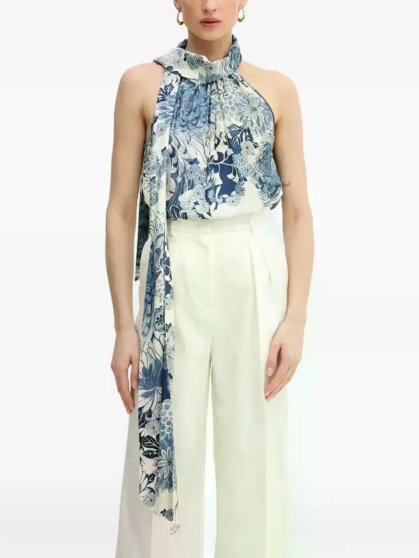 Guess Cream White Floral Print Halterneck Top
