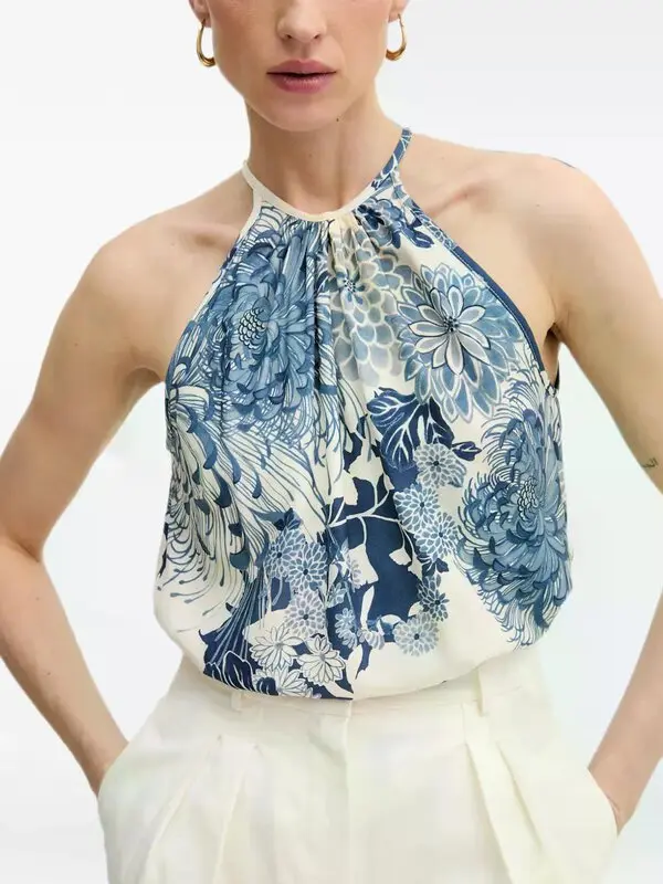 Guess Cream White Floral Print Halterneck Top