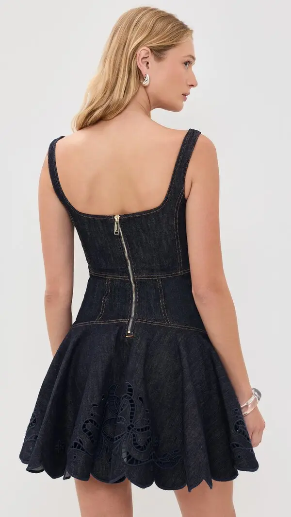 SELF-PORTRAIT Indigo Denim Bow Embroidered Mini Dress