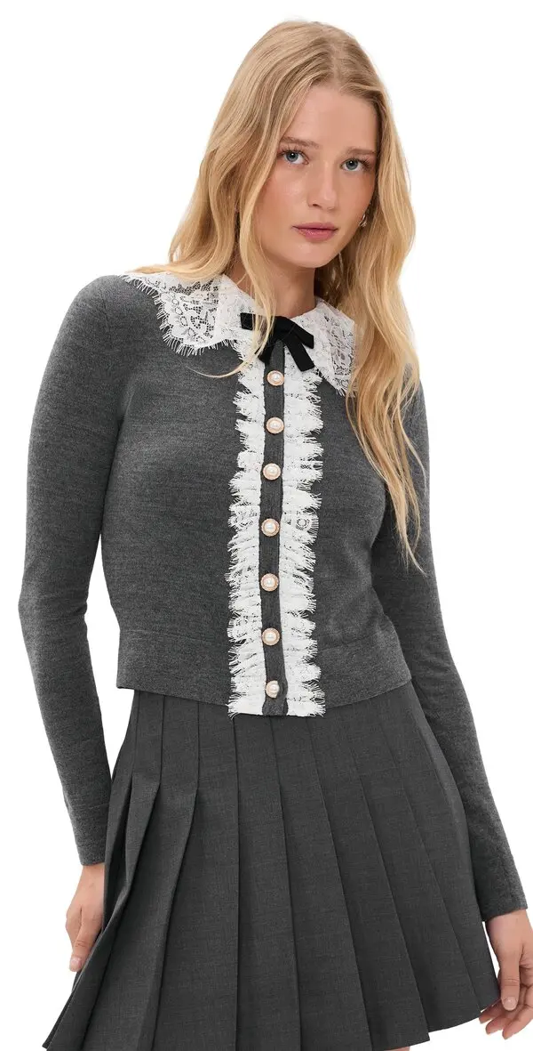 SELF-PORTRAIT Lace Collar Knit Cardigan - Grey