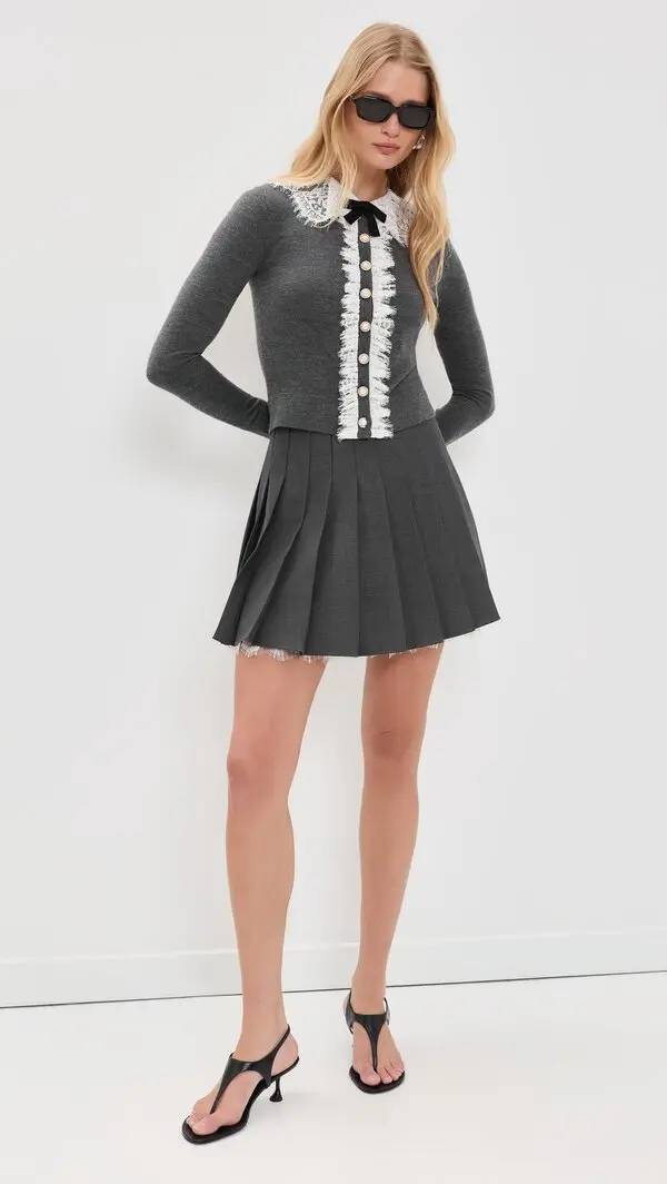 SELF-PORTRAIT Pleated Mini Skirt With Lace Trim - Grey