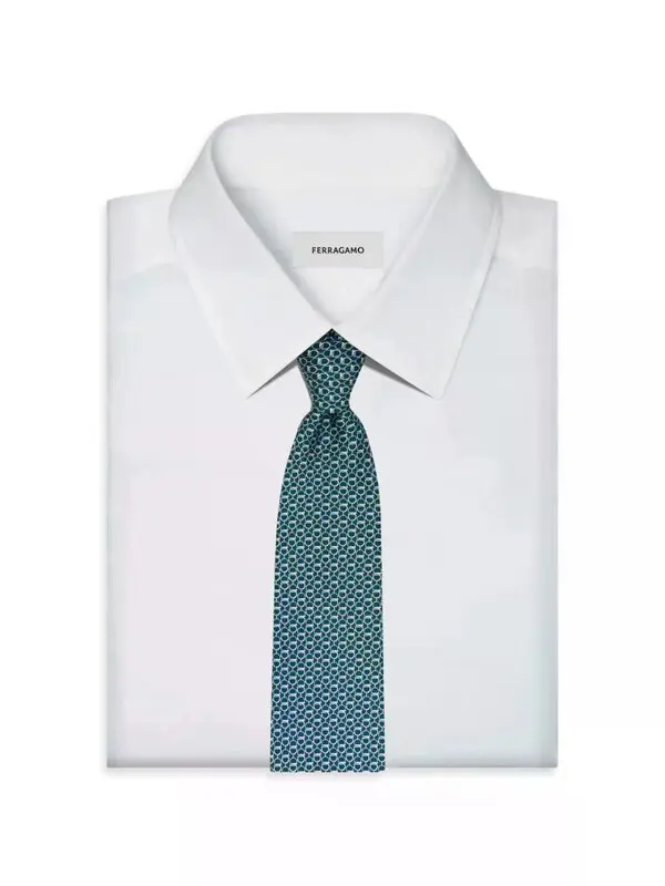 FERRAGAMO Gancini Links Print Silk Tie - Green
