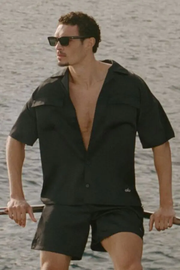 Alo Yoga Satin Horizon Short Sleeve Button Up Shirt - Black