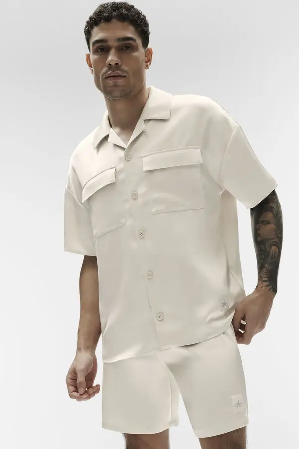 Alo Yoga Satin Horizon Short Sleeve Button Up Shirt - Bone