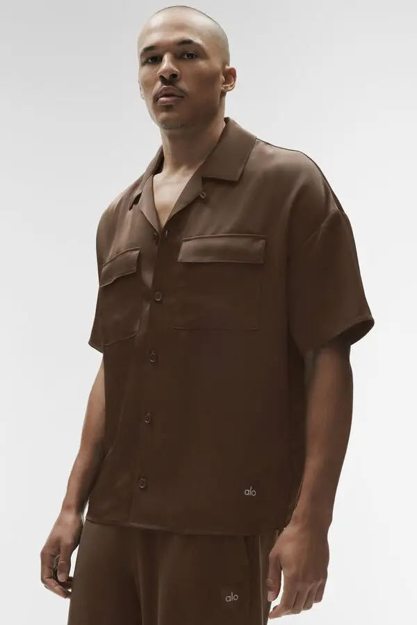 Alo Yoga Satin Horizon Short Sleeve Button Up Shirt - Espresso